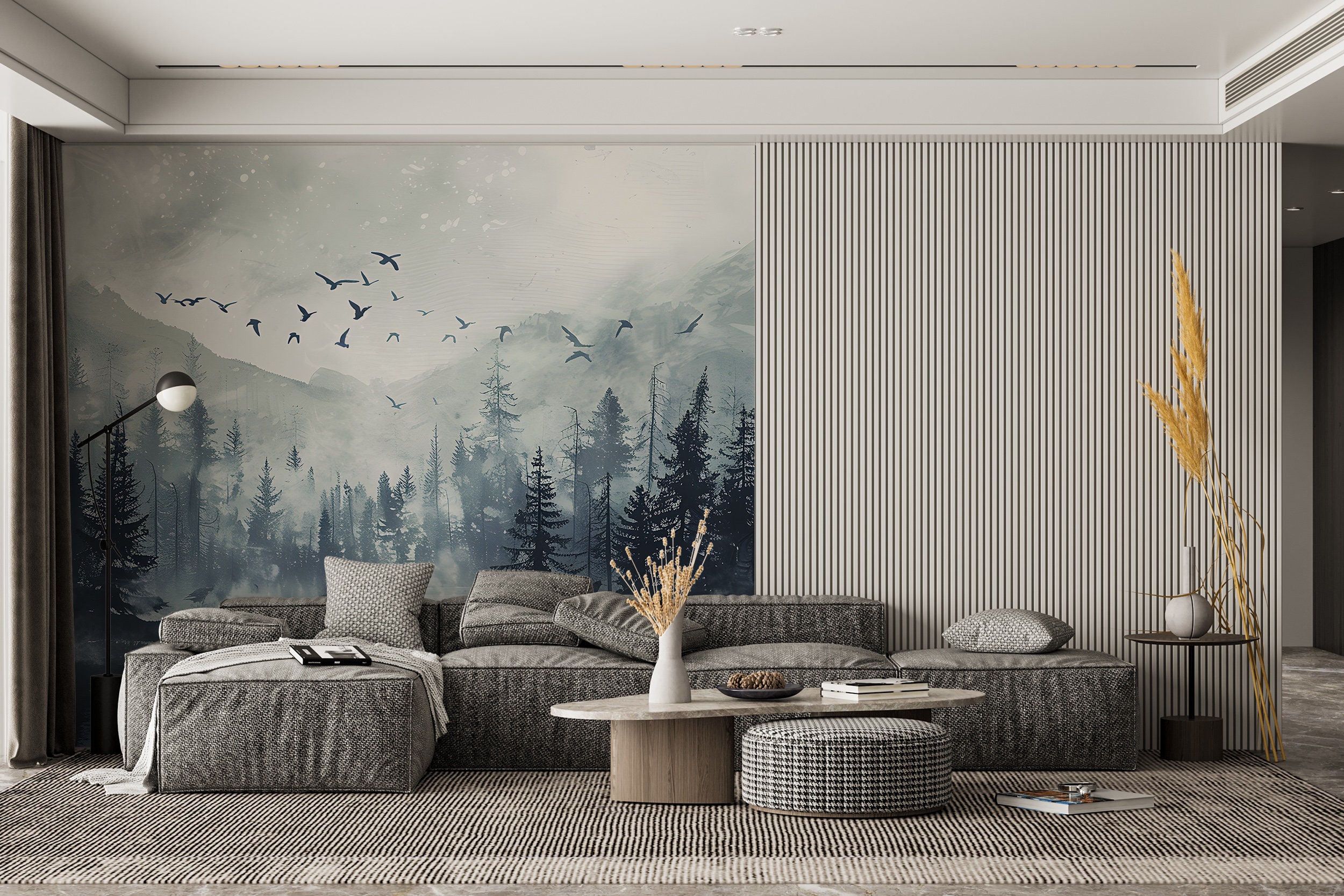 Dark Forest Wall Mural, Peel and Stick Black and Grey Pine Trees ...