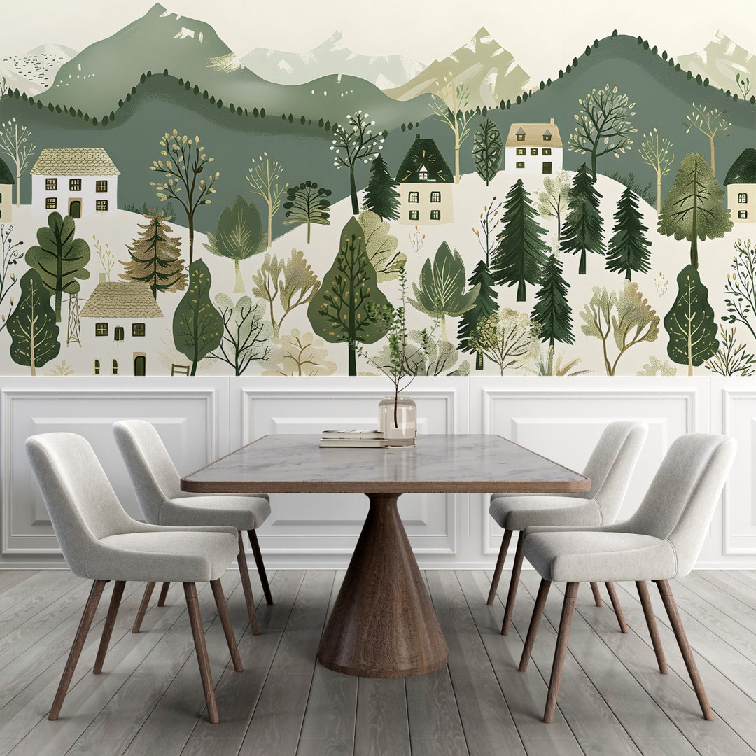 Green and Beige Forest Village Mural, Peel and Stick Mountains Trees ...