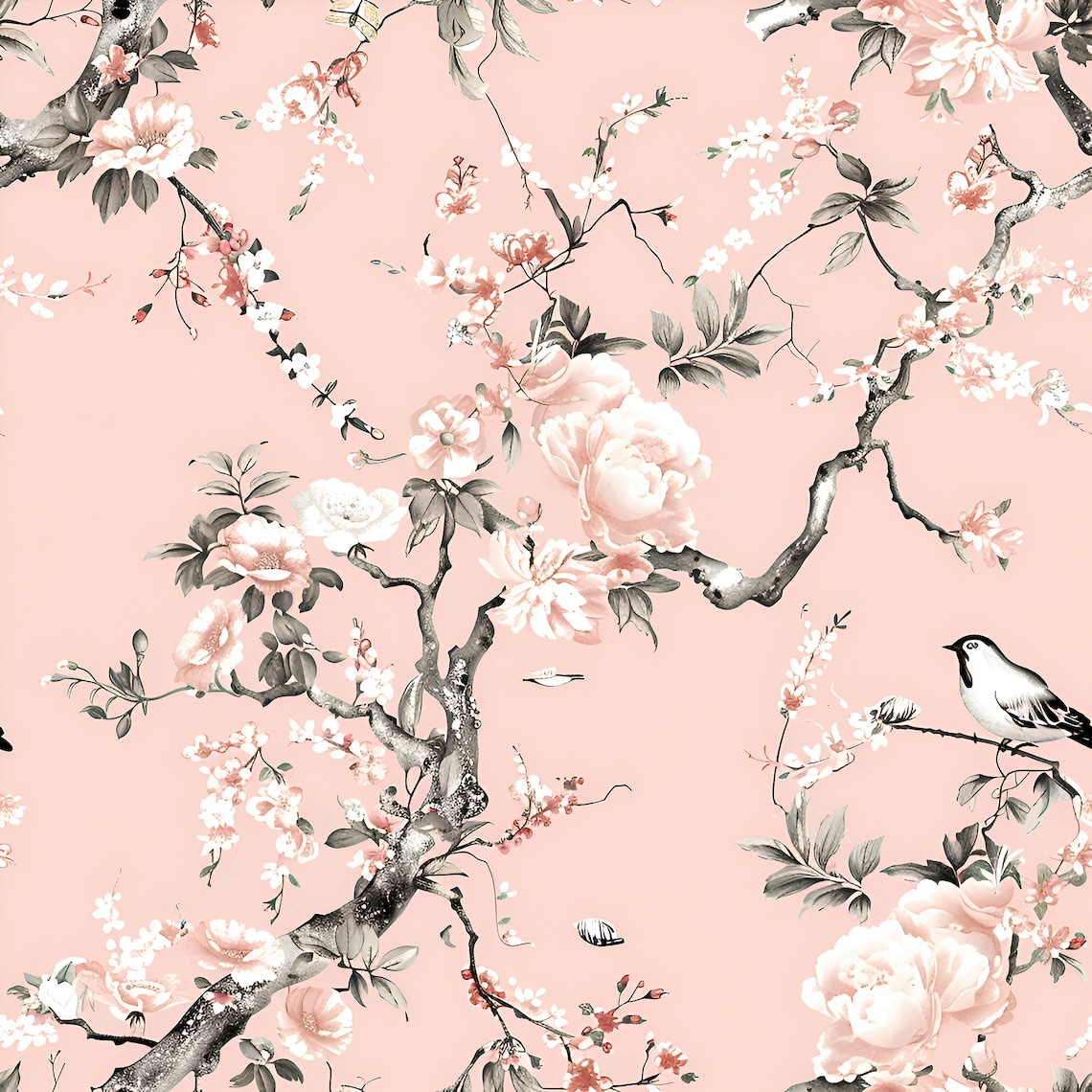 Soft Pink Chinoiserie Wallpaper, Peel and Stick Pink Floral Wallpaper ...