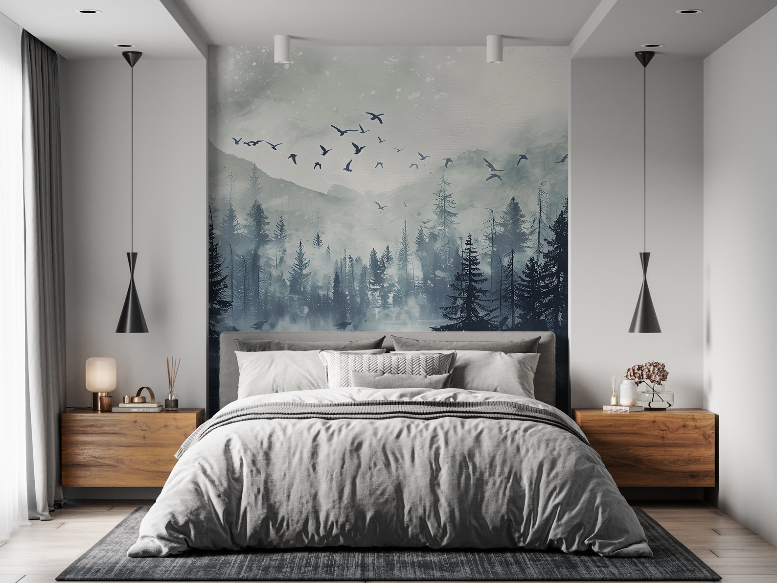 Dark Forest Wall Mural, Peel and Stick Black and Grey Pine Trees ...