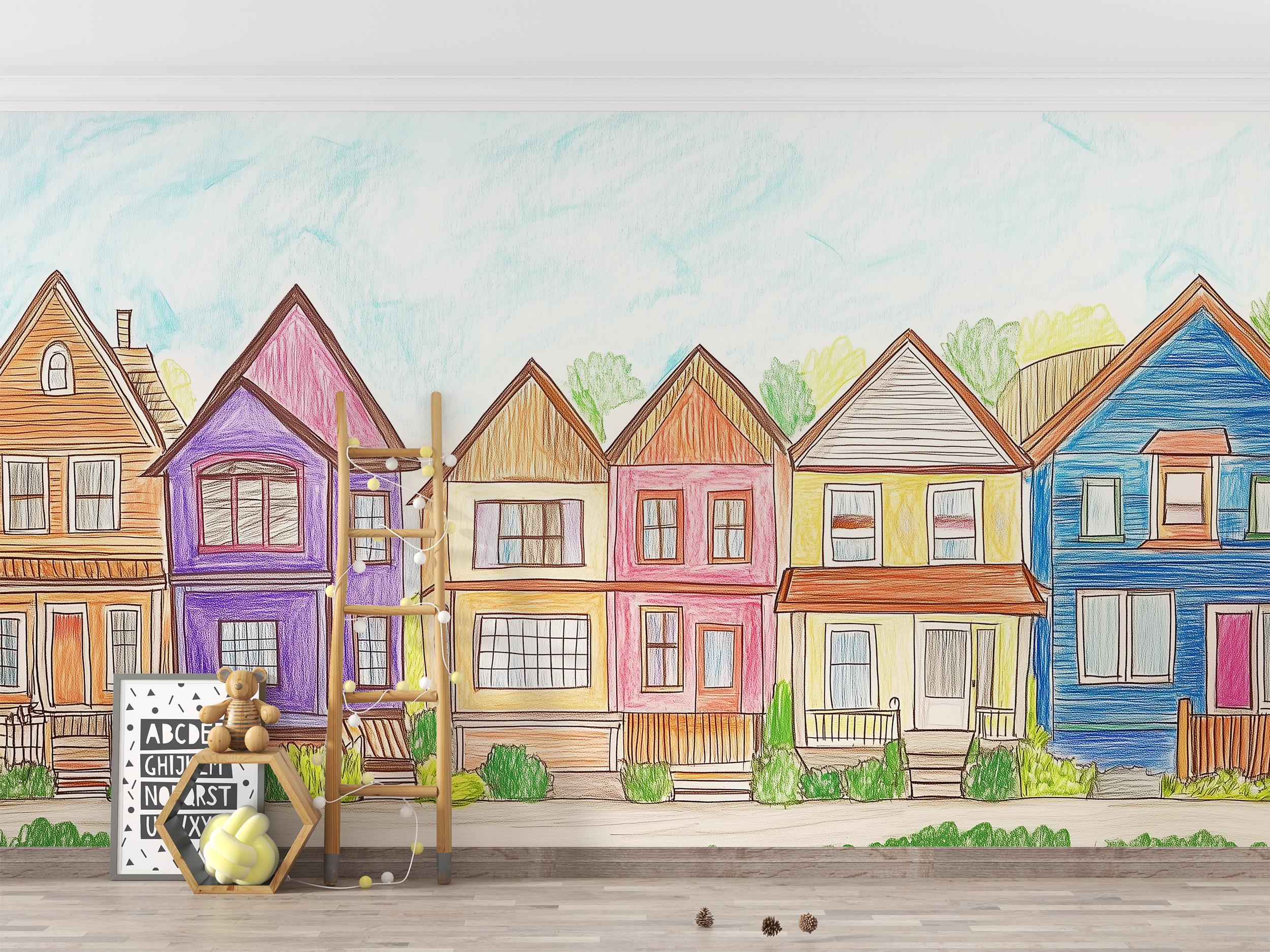 Colorful Houses Drawn With Crayons Wall Mural, Peel and Stick Nursery ...