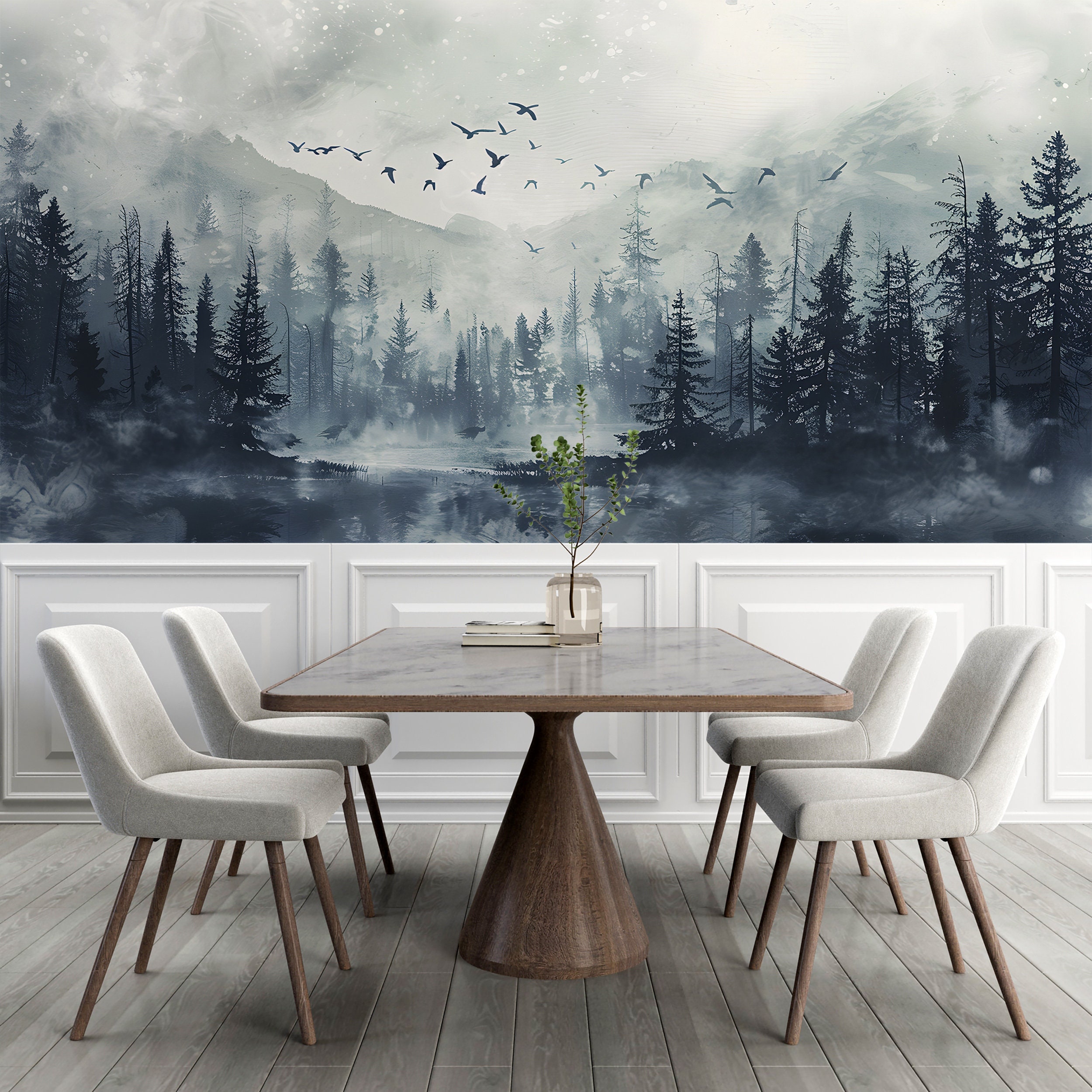 Dark Forest Wall Mural, Peel and Stick Black and Grey Pine Trees ...