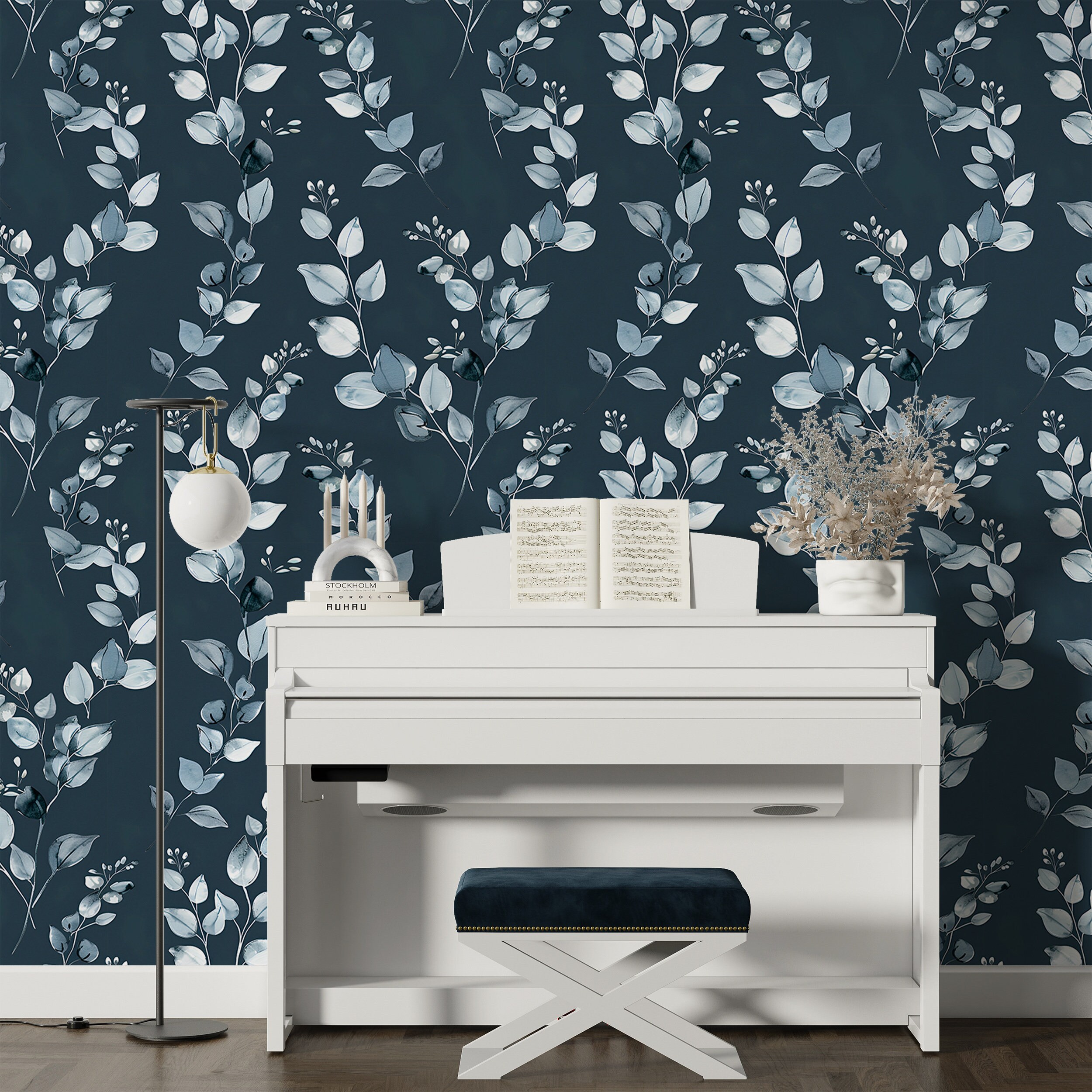 Dark Blue Botanical Wallpaper, Watercolor Grey Leaves Wallpaper, Peel ...