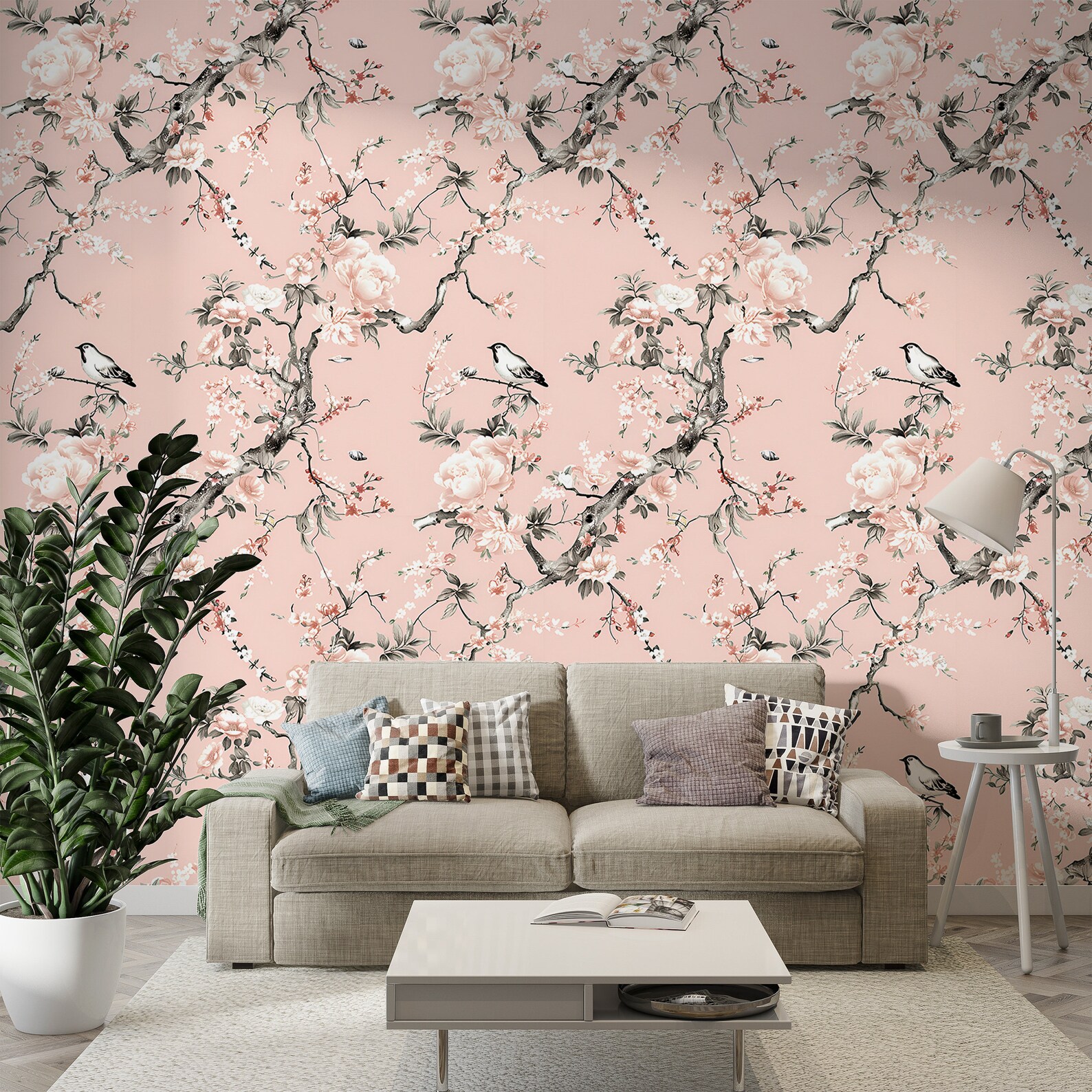 Soft Pink Chinoiserie Wallpaper, Peel and Stick Pink Floral Wallpaper ...