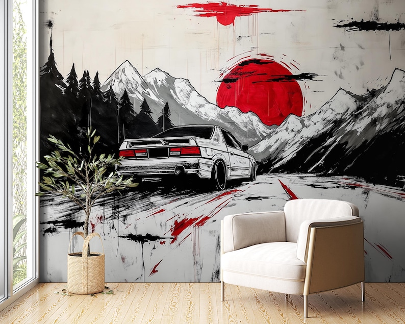 Vintage JDM Mountain Landscape Wallpaper With Red Sun and Car - Etsy