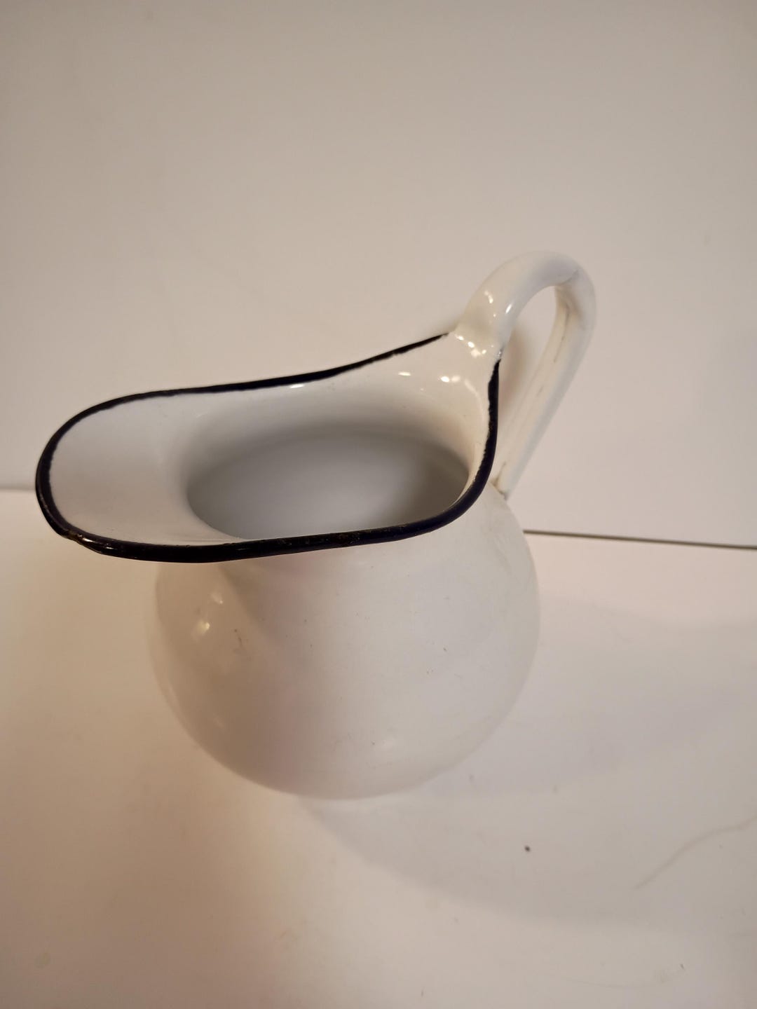 VINTAGE Small White Metal ENAMEL PITCHER- Distinctive Graceful Form ...