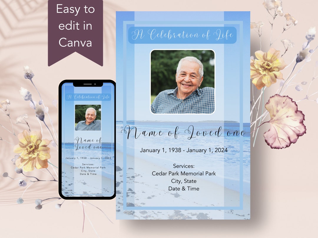 Editable 8.5x11, A4 Blue Ocean Funeral Program Obituary Template ...