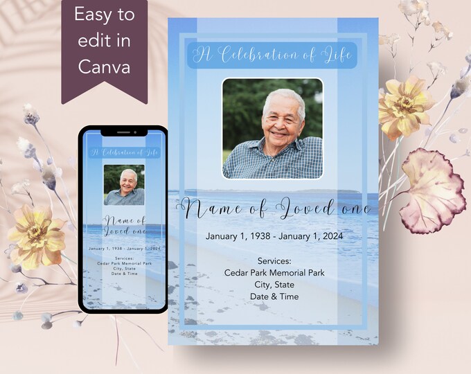 Editable 8.5x11, A4 Blue Ocean Funeral Program Obituary Template ...