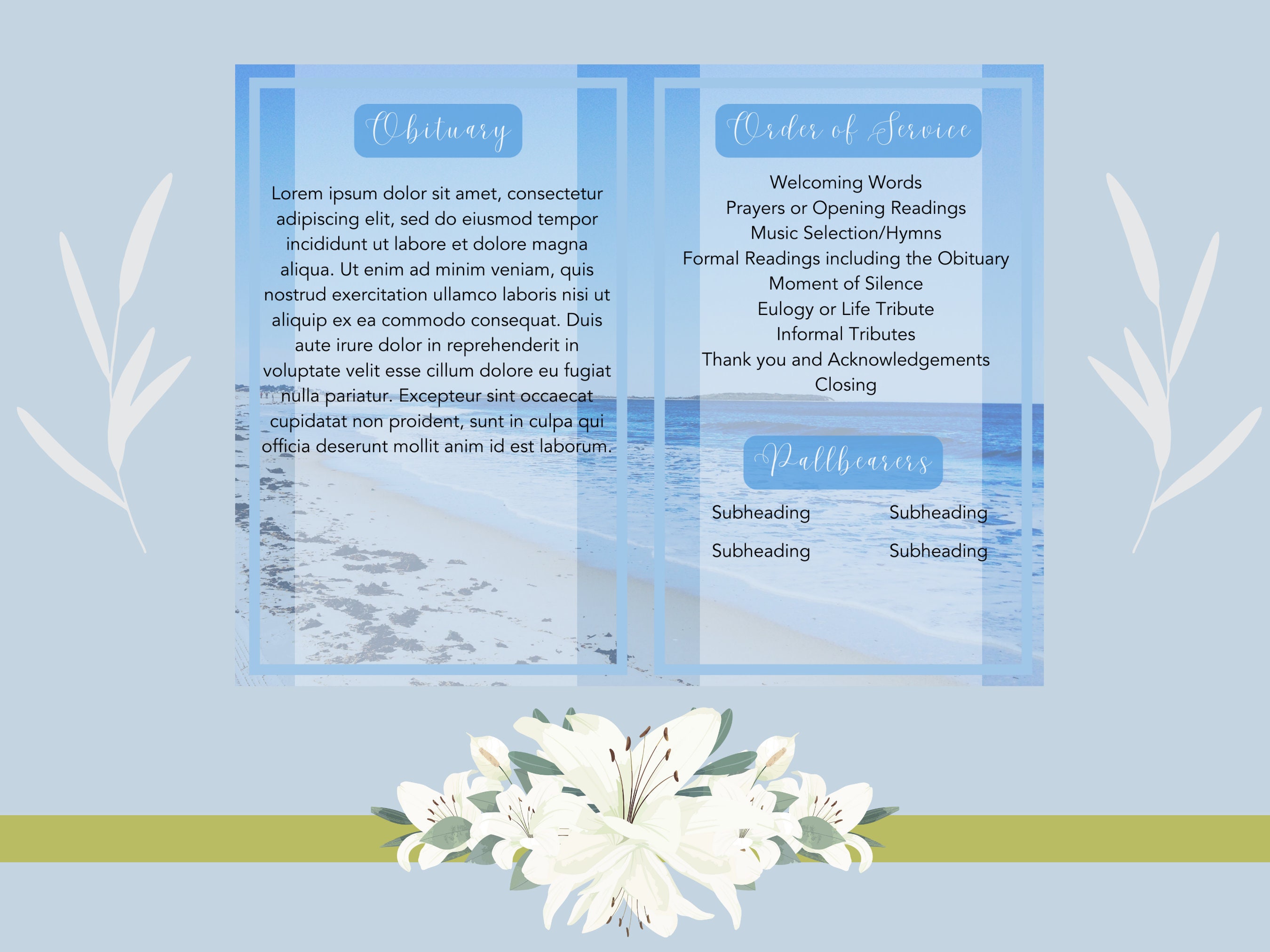 Editable 8.5x11, A4 Blue Ocean Funeral Program Obituary Template ...
