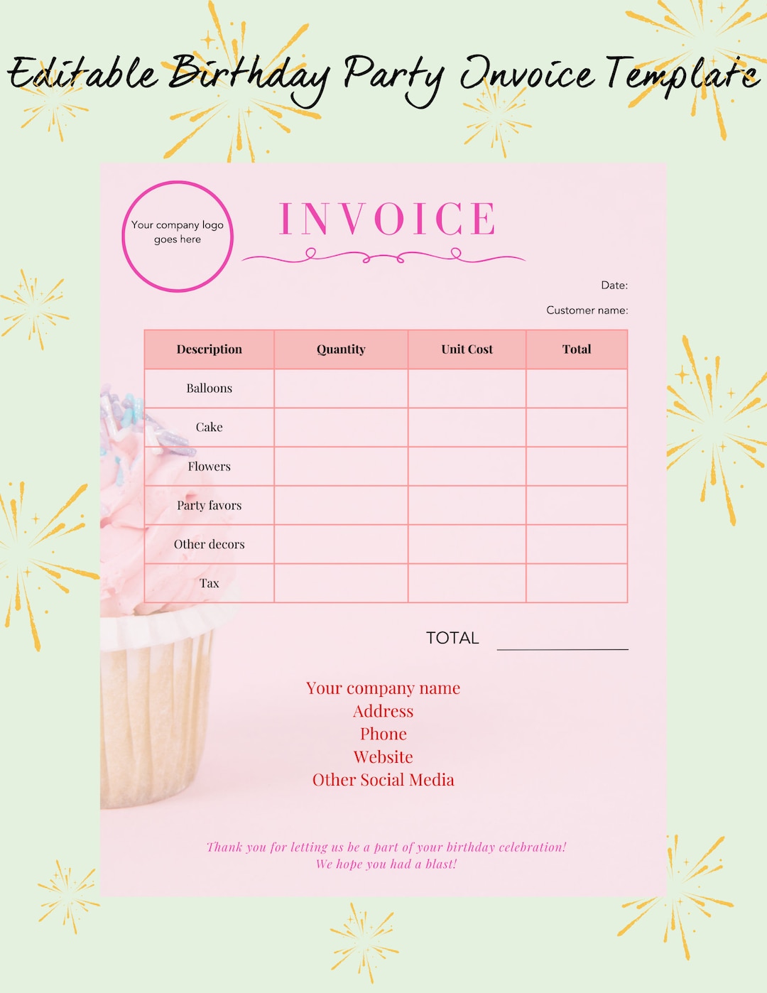 Editable Birthday Parties Invoice Template - Etsy Canada