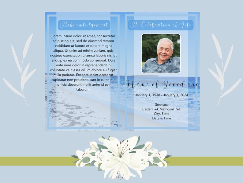 Editable 8.5x11, A4 Blue Ocean Funeral Program Obituary Template ...