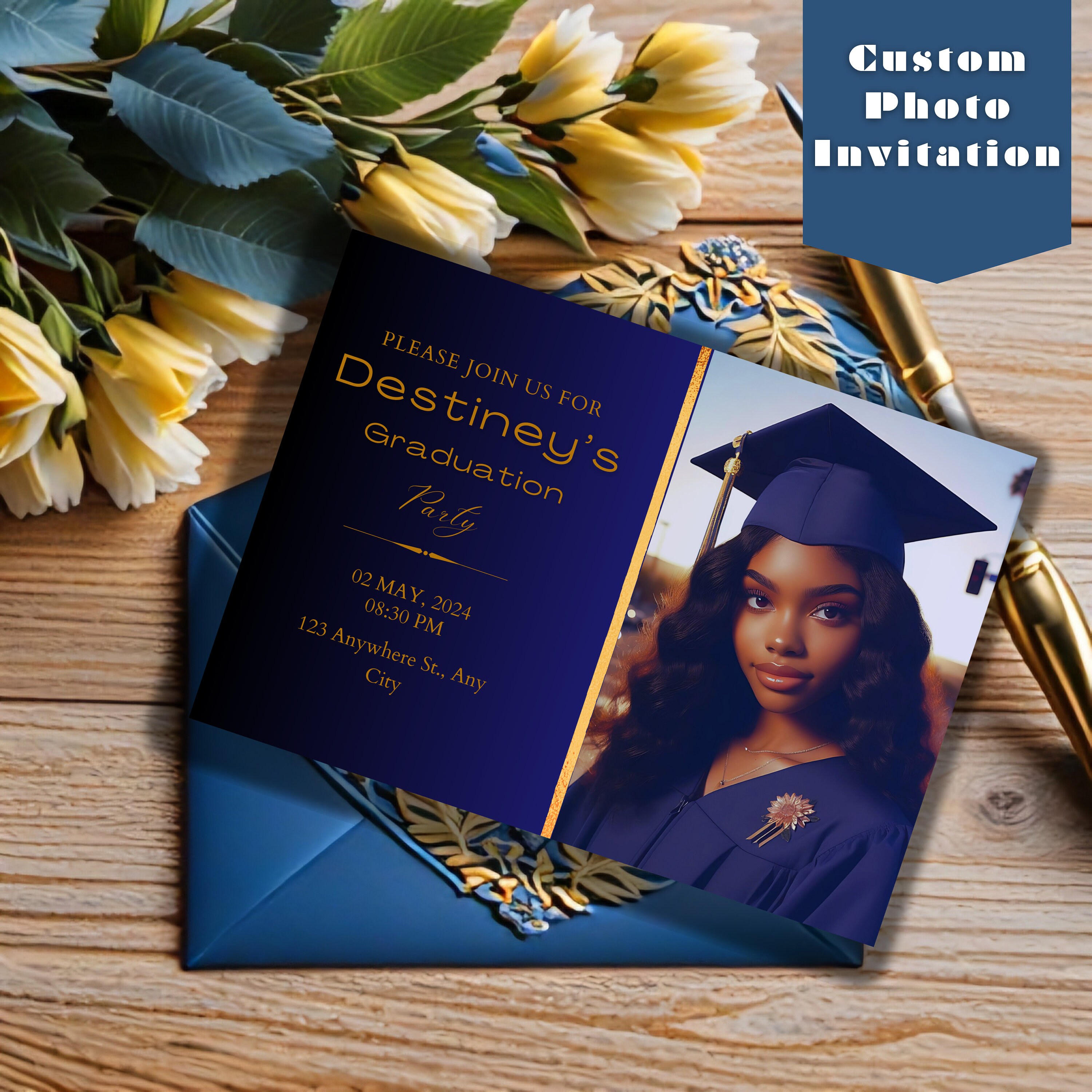 Graduation Photo Invitation Personalized Stationary Blue Gold ...