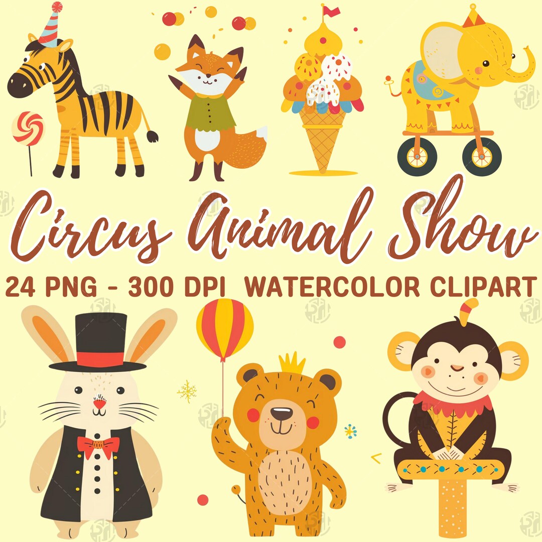 Watercolor Circus Animals Show PNG, Cute Animal Clip Art, Balloons ...