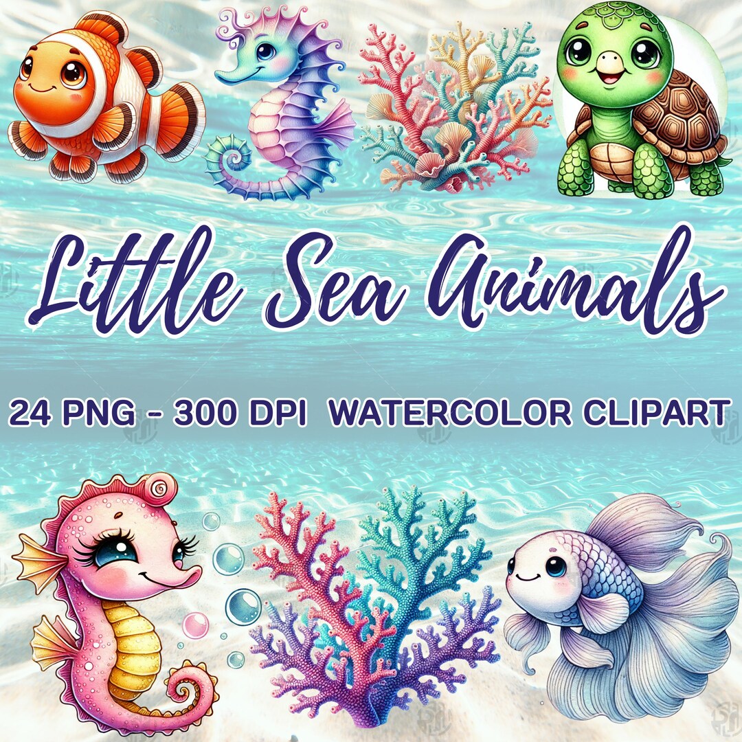 Watercolor Little Sea Animals PNG, Mermaid Clip Art, Cute Ocean Life ...