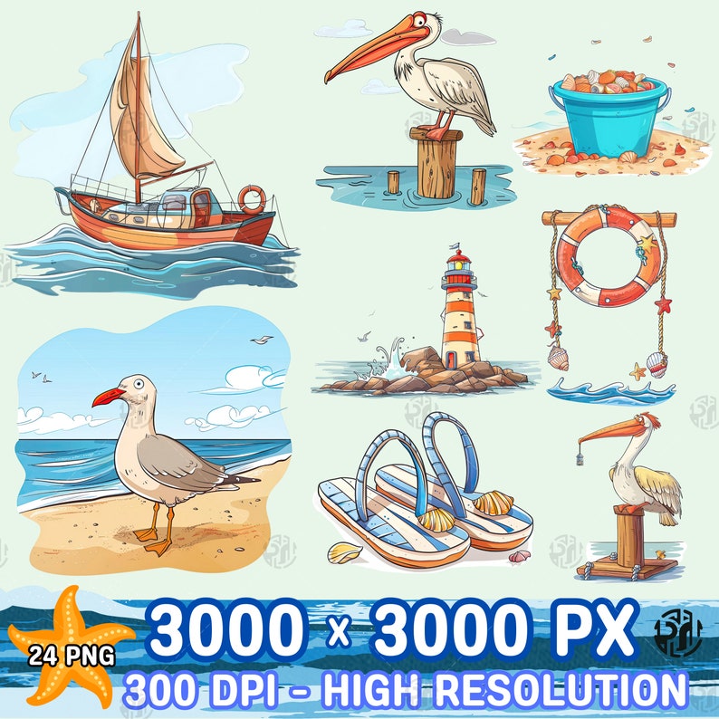 Watercolor Nautical Summer Beach PNG, Ocean Clip Art Portrait, Travel ...