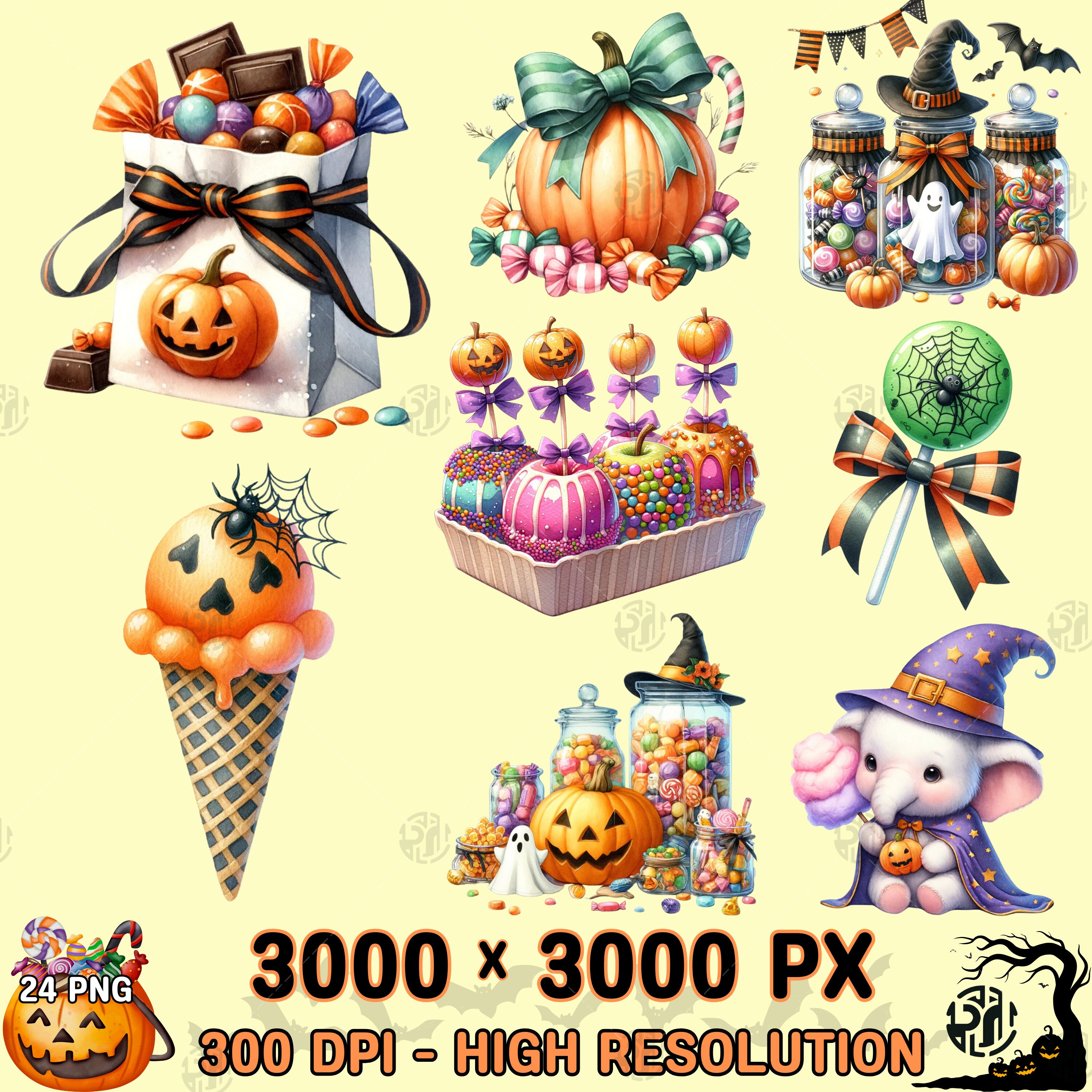 Watercolor Halloween Candy Shop PNG, Scary Candy Clip Art, Fun Cartoon ...