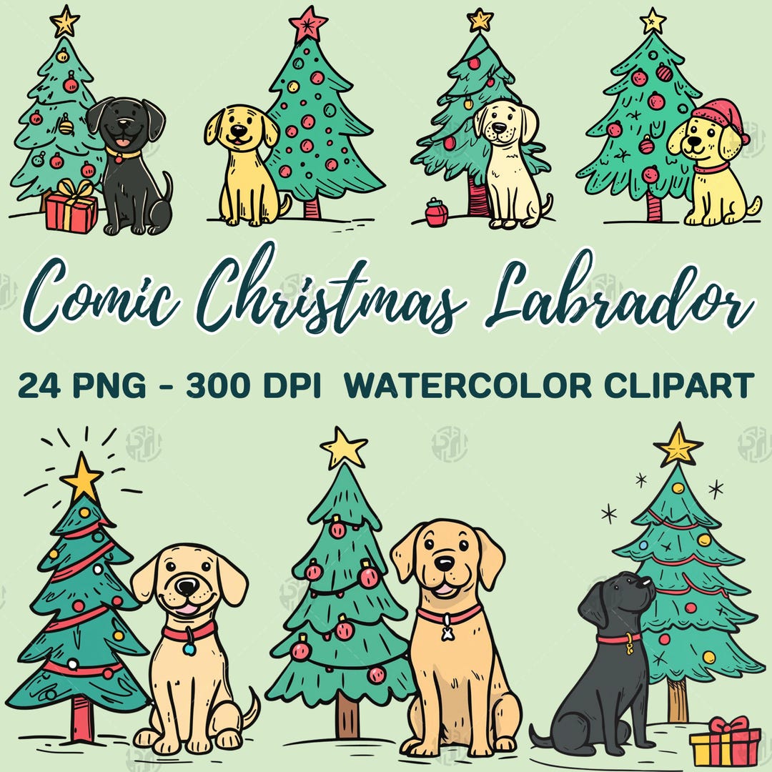 Watercolor Comic Christmas Labrador With Holiday Trees PNG, Festive Dog ...