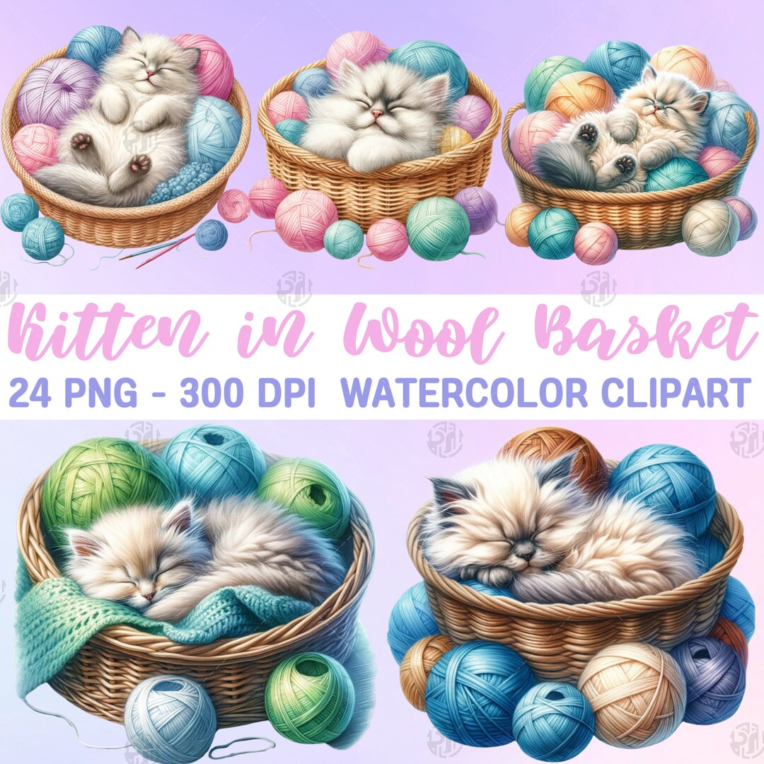 Watercolor Kitten in Wool Basket PNG, Cute Cat Clip Art Portrait ...