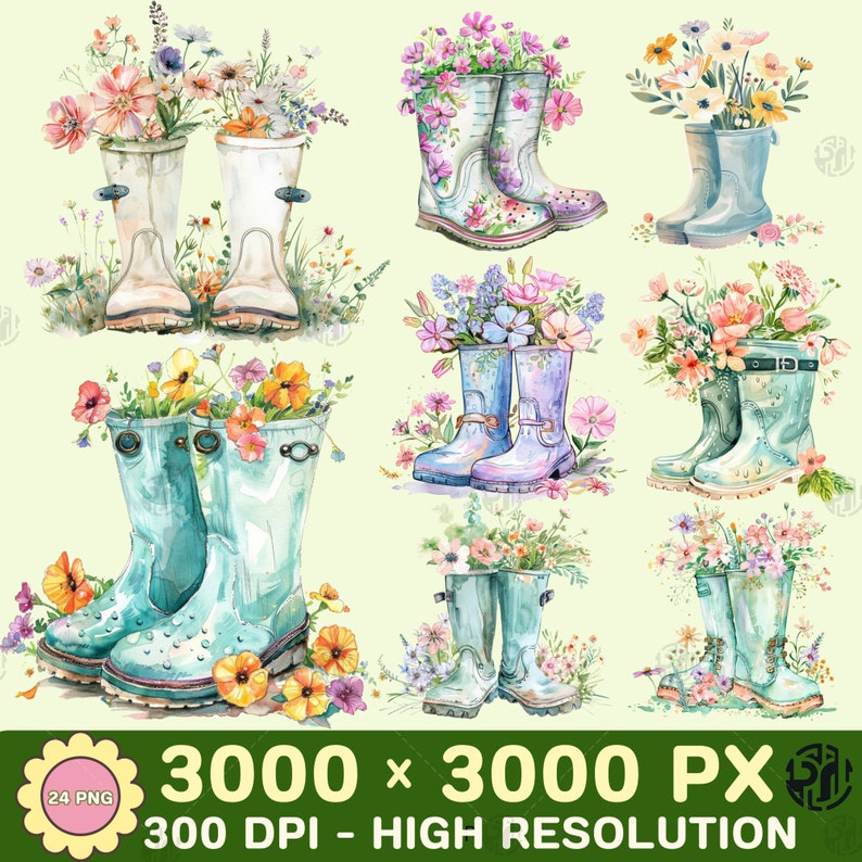 Watercolor Spring Rain Boots PNG, Flower Clip Art Portrait, Hello ...