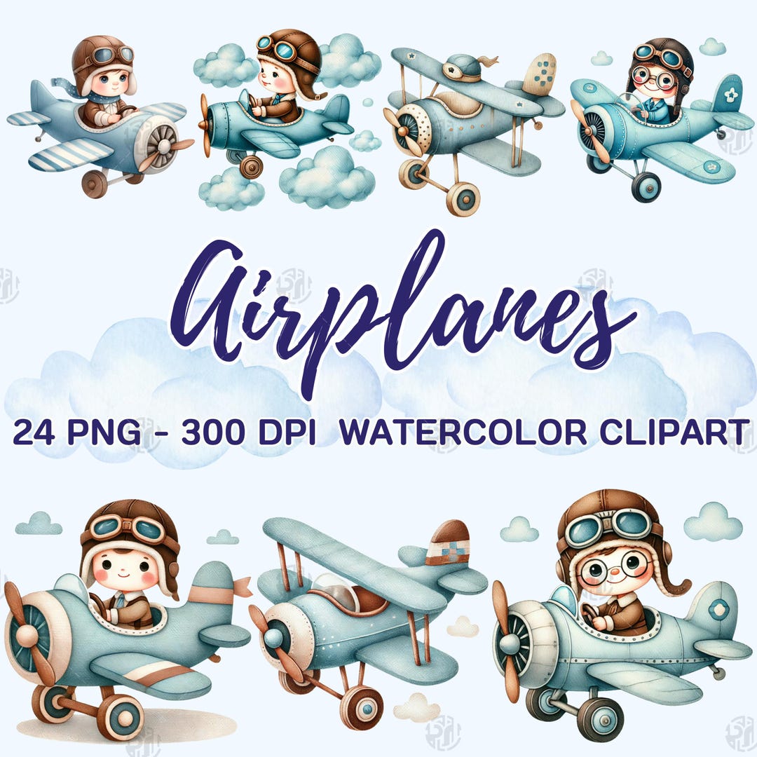 Watercolor Vintage Airplanes PNG, Kids Room Clip Art, Baby Boy Pilot ...
