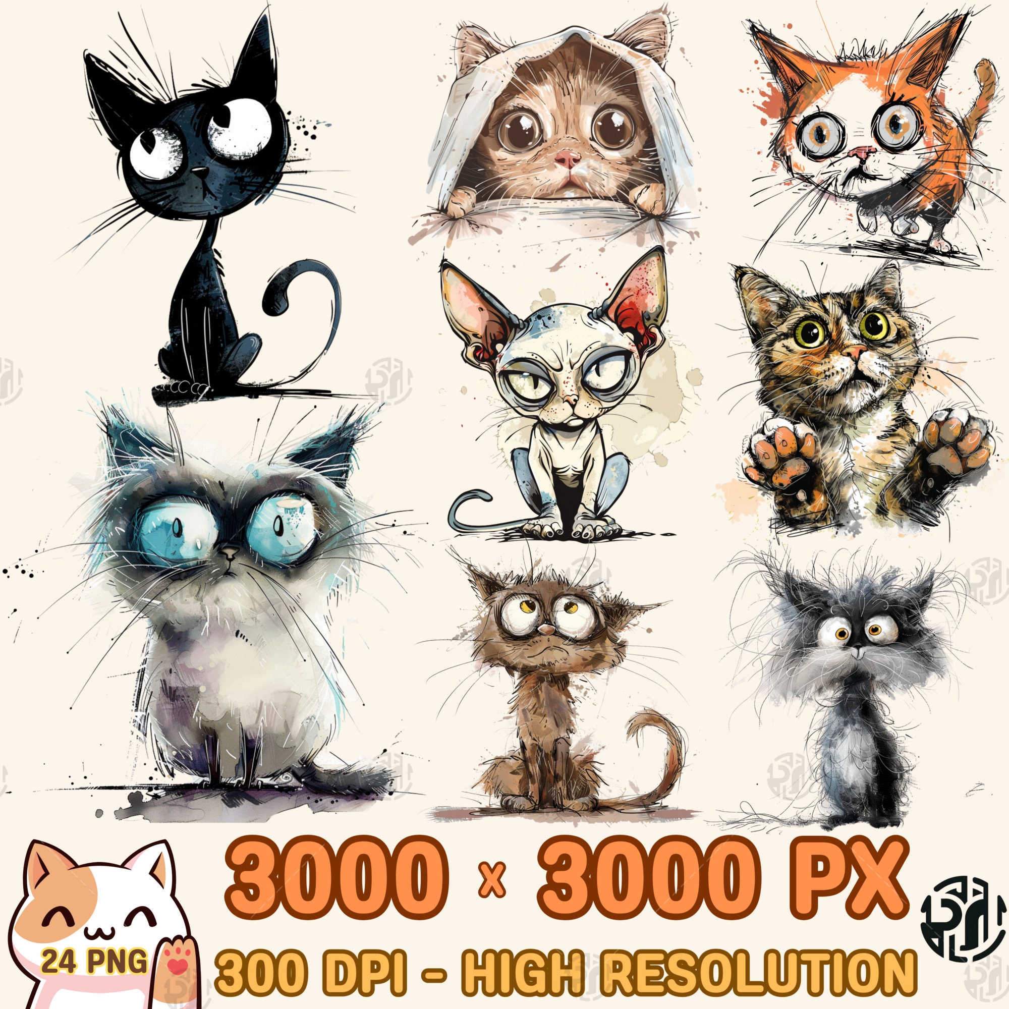 Watercolor Whimsical Cats PNG, Quirky Kitten Clip Art Portrait, Cute ...