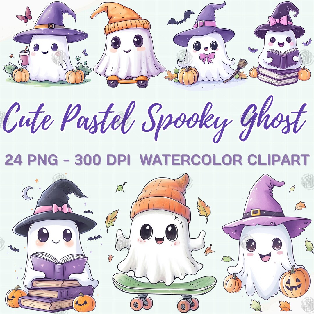 Watercolor Cute Pastel Spooky Ghost PNG, Halloween Clip Art, Kawaii ...