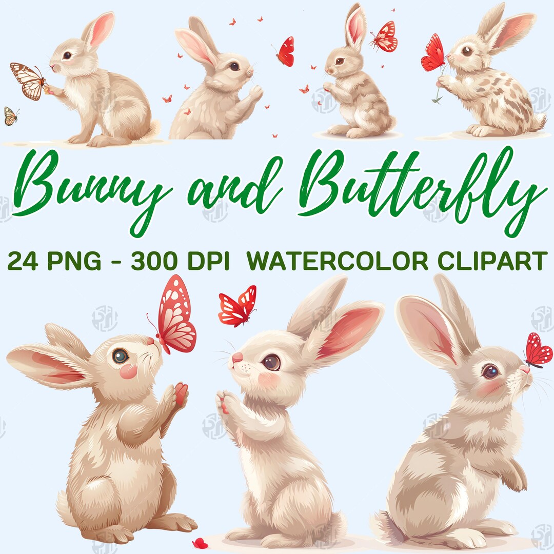 Watercolor Bunny and Butterfly PNG, Cute Animal Clip Art, Woodland ...