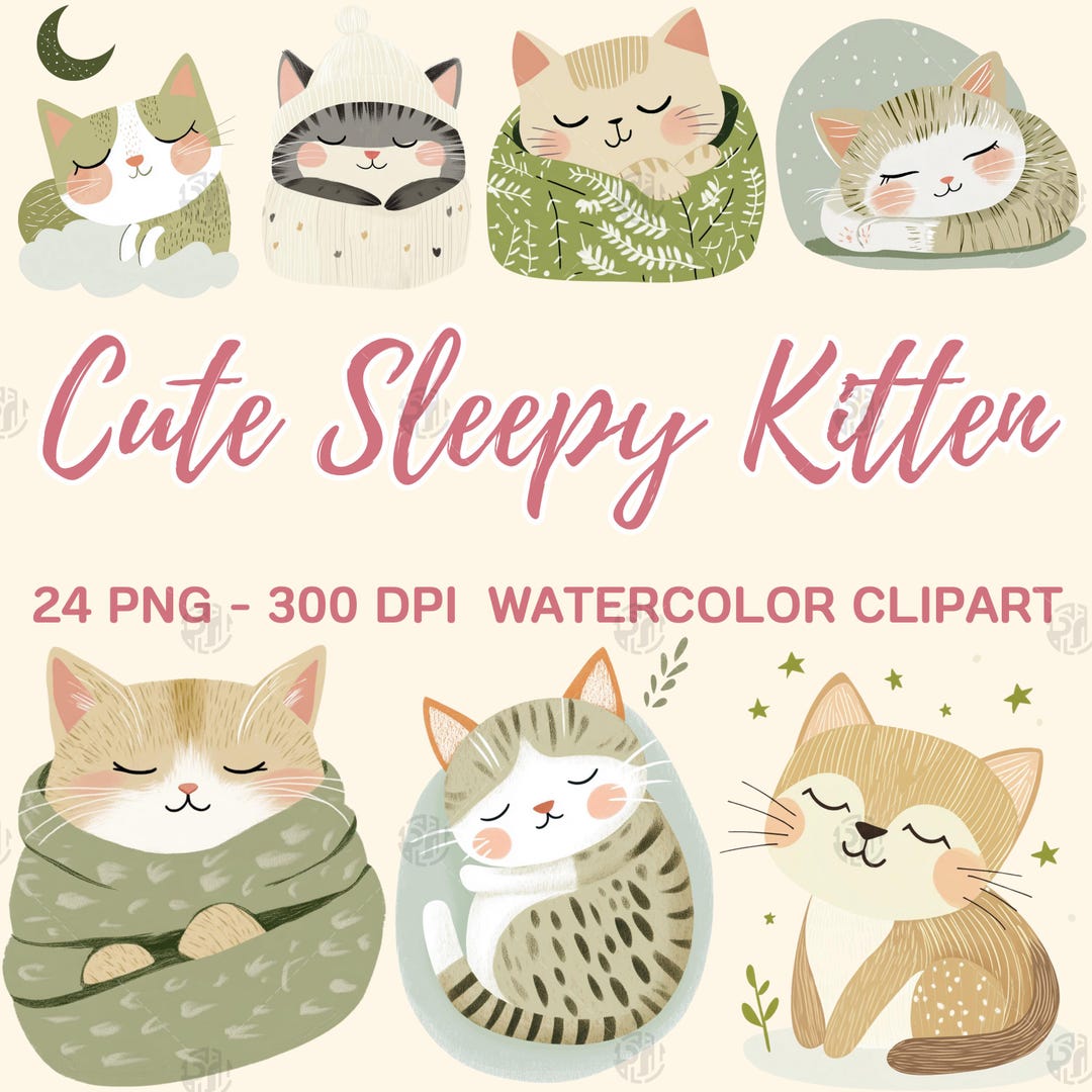 Watercolor Cute Sleepy Kitten PNG, Baby Cat Clip Art, Cozy Cats Clipart ...