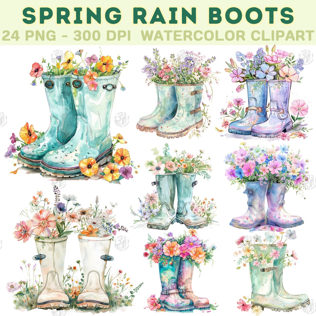Watercolor Spring Rain Boots PNG, Flower Clip Art Portrait, Hello ...