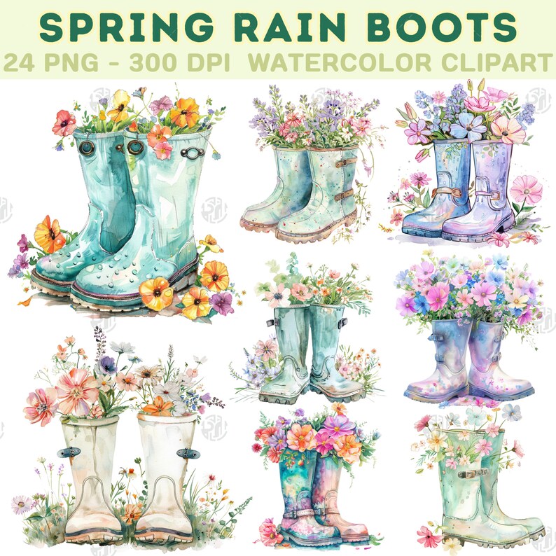 Watercolor Spring Rain Boots PNG, Flower Clip Art Portrait, Hello ...
