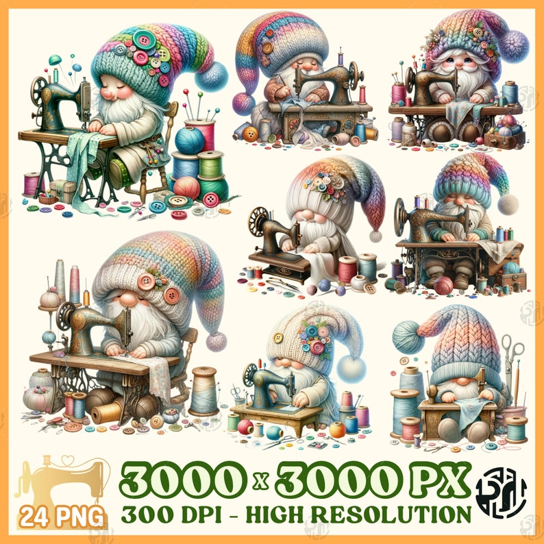 Watercolor Sewing Gnome PNG, Cute Gnomes Lover Clipart, Sewing Machine ...