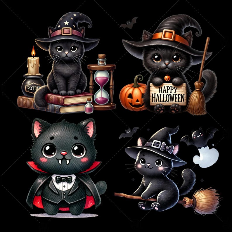Watercolor Black Cat Halloween PNG, Kawaii Pumpkin Clip Art, Cute Ghost ...