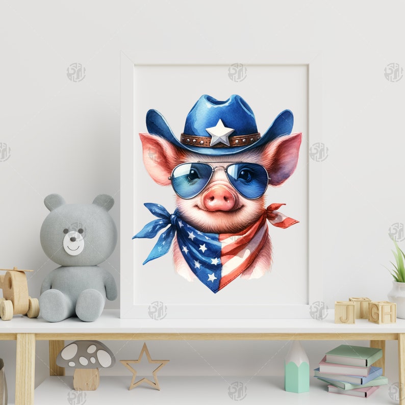 Watercolor Happy Pig PNG, Patriotic Clip Art Portrait, Cute Animal ...