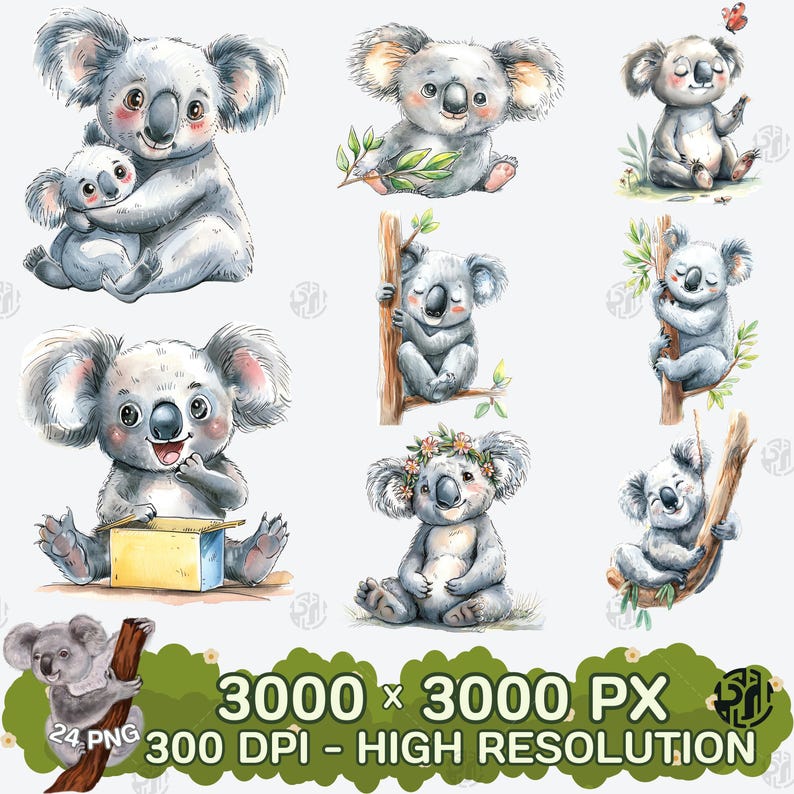 Watercolor Cute Koala PNG, Baby Wildlife Clip Art, Kawaii Koala Clipart ...