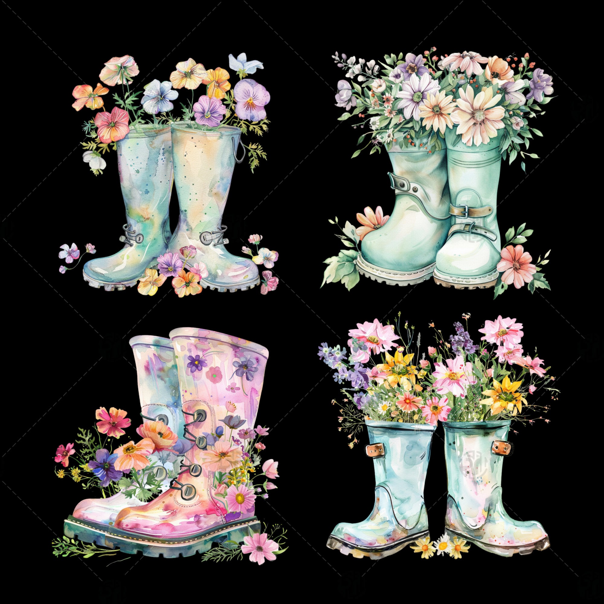 Watercolor Spring Rain Boots PNG, Flower Clip Art Portrait, Hello ...