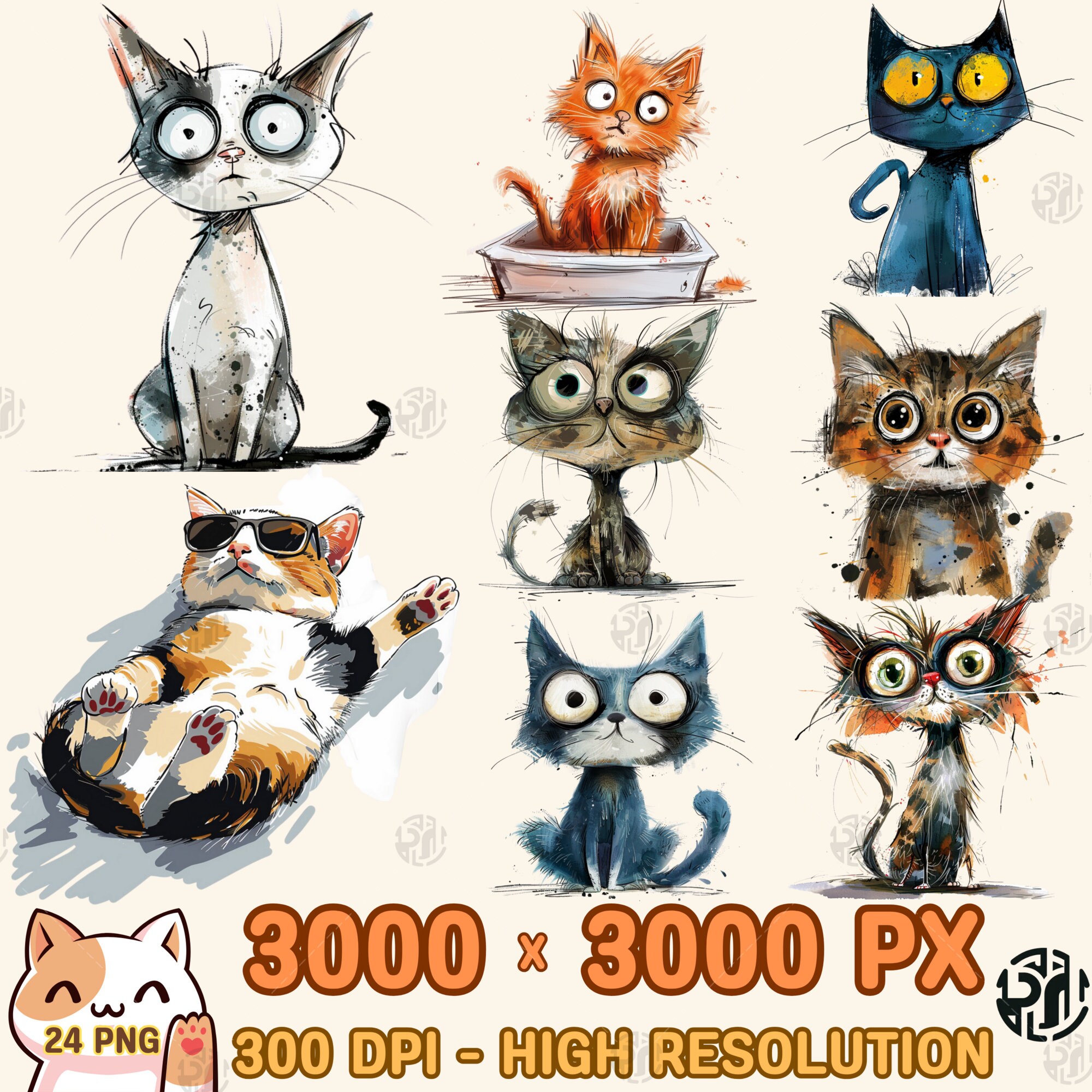 Watercolor Whimsical Cats PNG, Quirky Kitten Clip Art Portrait, Cute ...