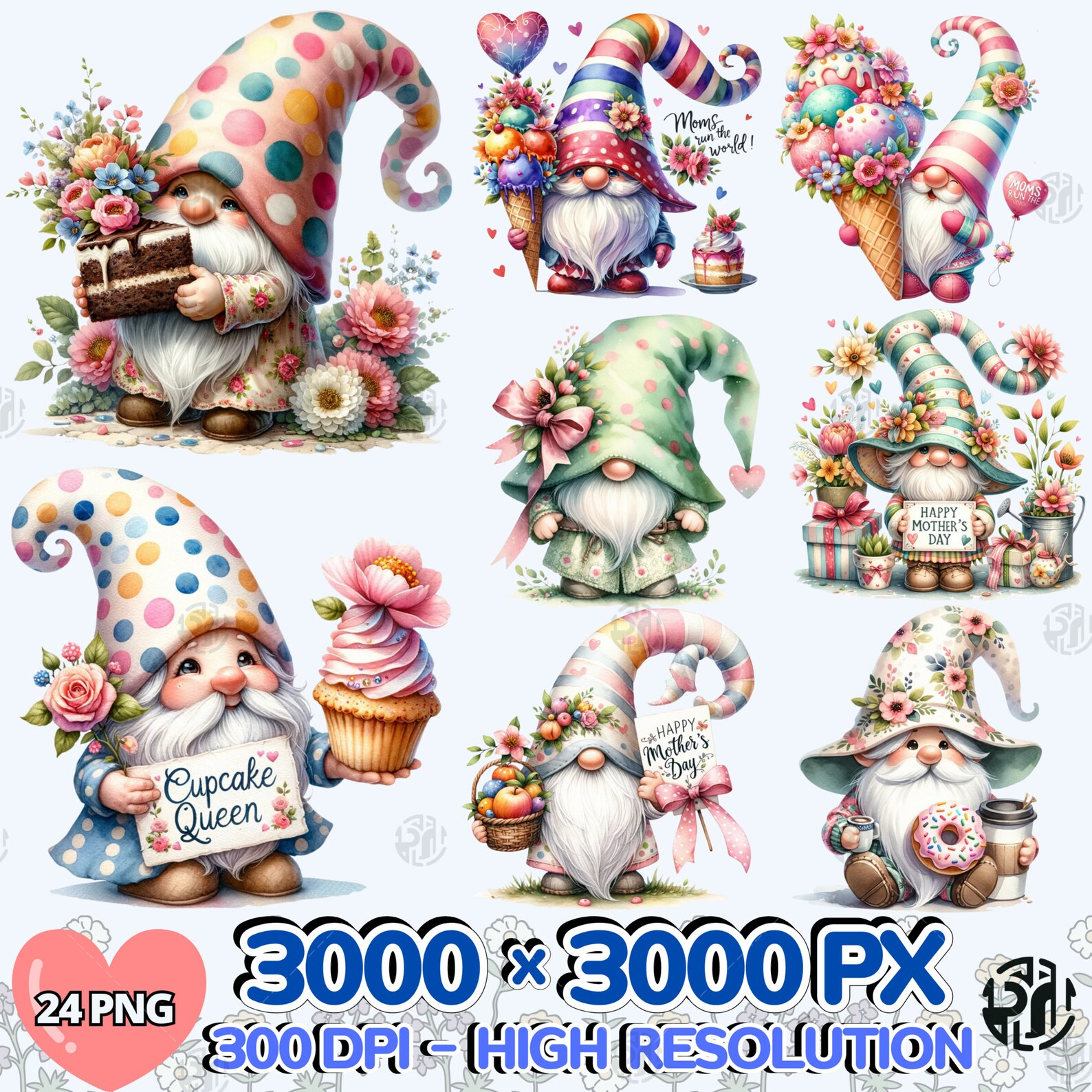 Watercolor Mothers Day Gnome PNG, Cute Mother Gnomes Clipart, Mommy ...