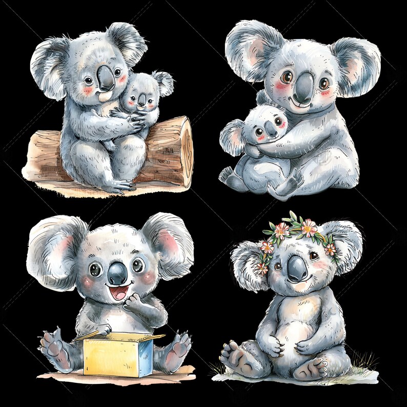 Watercolor Cute Koala PNG, Baby Wildlife Clip Art, Kawaii Koala Clipart ...