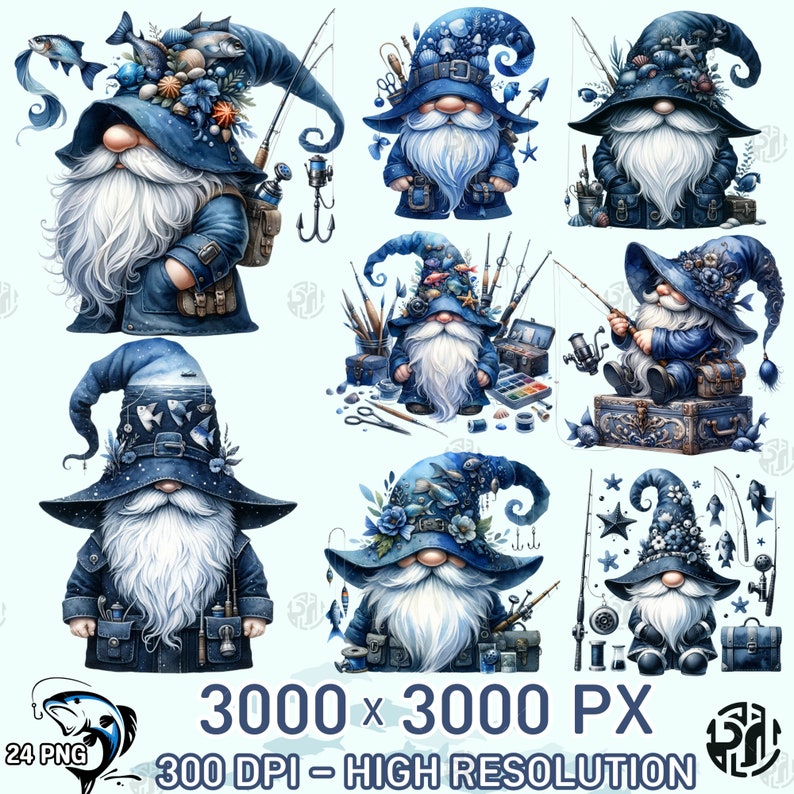 Watercolor Fishing Gnome PNG, Cute Fisherman Gnomes Clipart, Fly ...