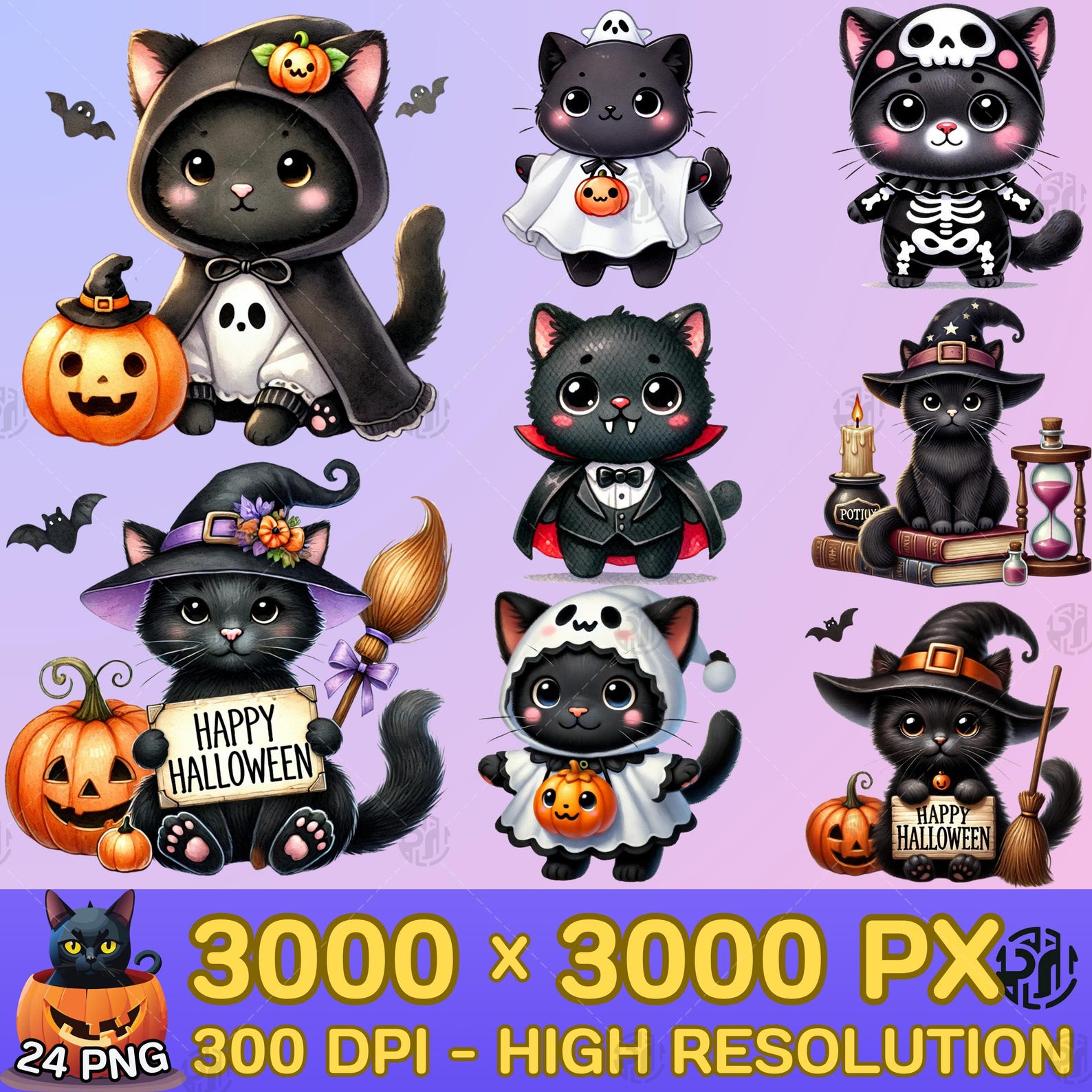 Watercolor Black Cat Halloween PNG, Kawaii Pumpkin Clip Art, Cute Ghost ...