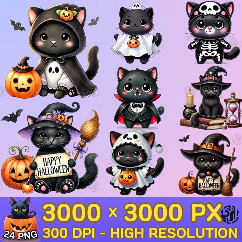 Watercolor Black Cat Halloween PNG, Kawaii Pumpkin Clip Art, Cute Ghost ...