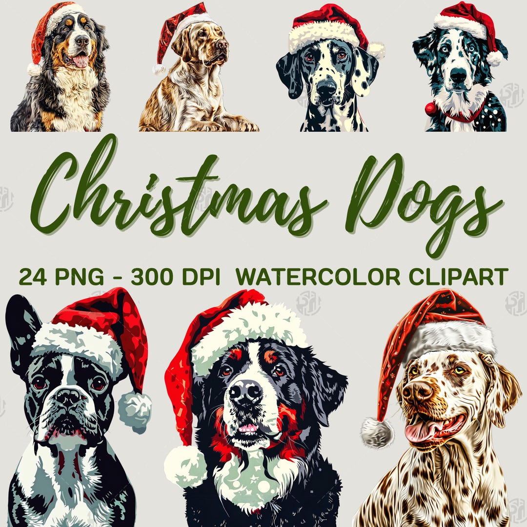 Watercolor Christmas Dogs PNG, Santa Hat Pet Clip Art, Puppies Clipart ...