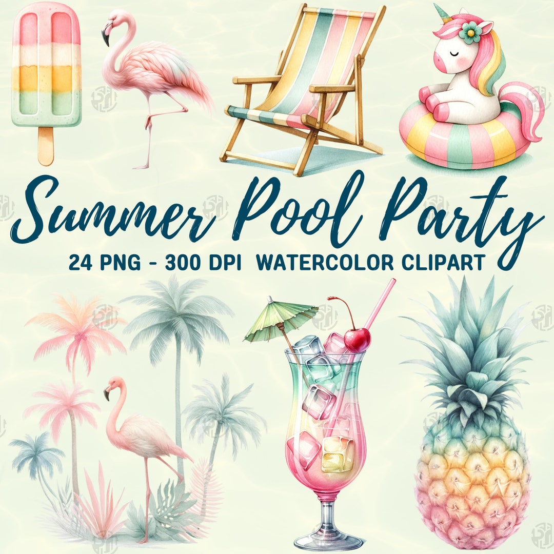 Watercolor Summer Pool Party PNG, Relax Vacation Clip Art Portrait ...
