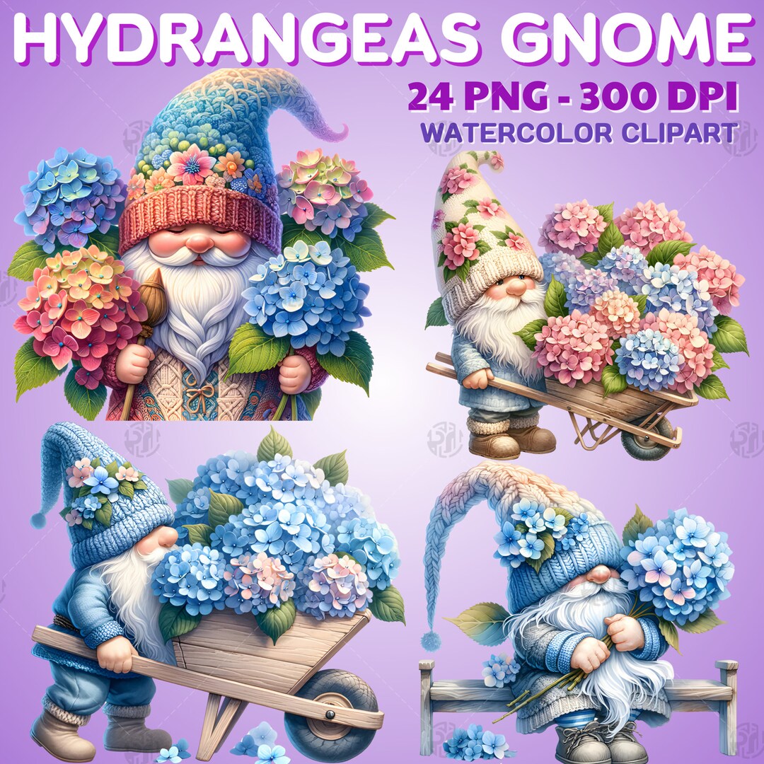 Watercolor Gnome With Hydrangeas PNG, Cute Floral Gnomes Clipart ...