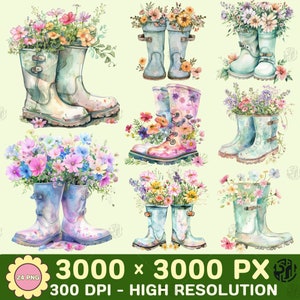 Watercolor Spring Rain Boots PNG, Flower Clip Art Portrait, Hello ...