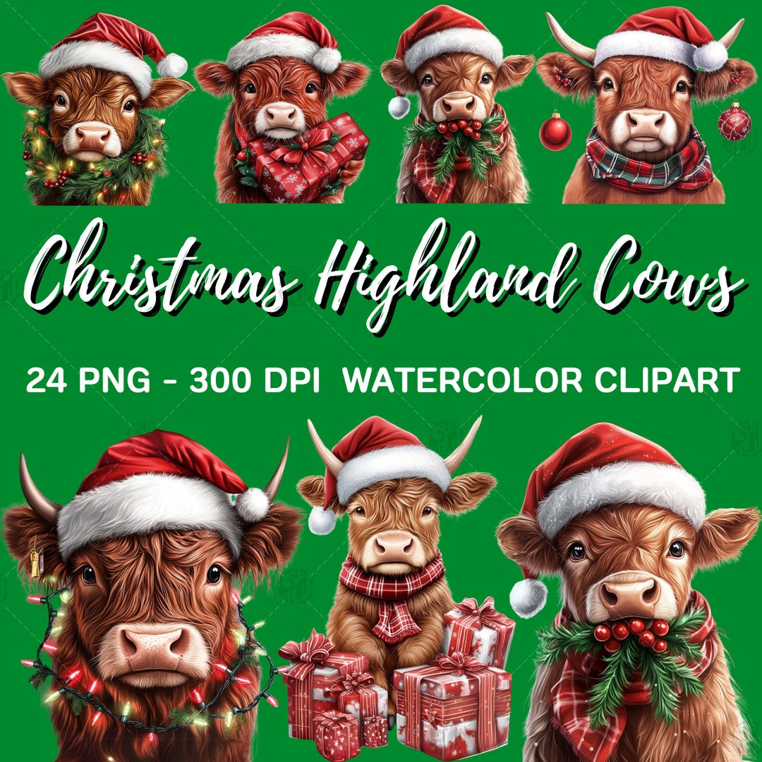 Watercolor Christmas Highland Cows PNG, Festive Farm Animals Clip Art ...