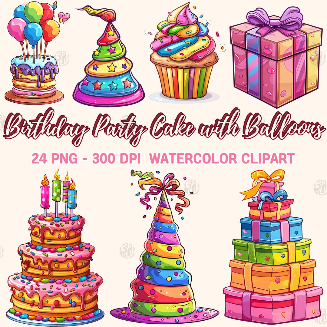 Watercolor Colorful Birthday Cake With Balloons PNG, Celebration Party ...