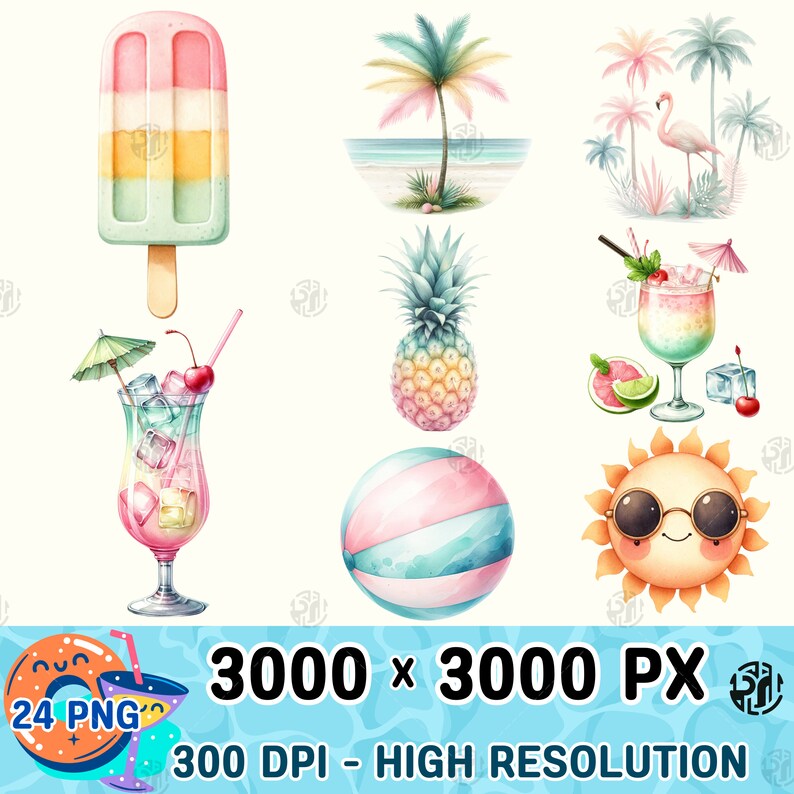 Watercolor Summer Pool Party PNG, Relax Vacation Clip Art Portrait ...