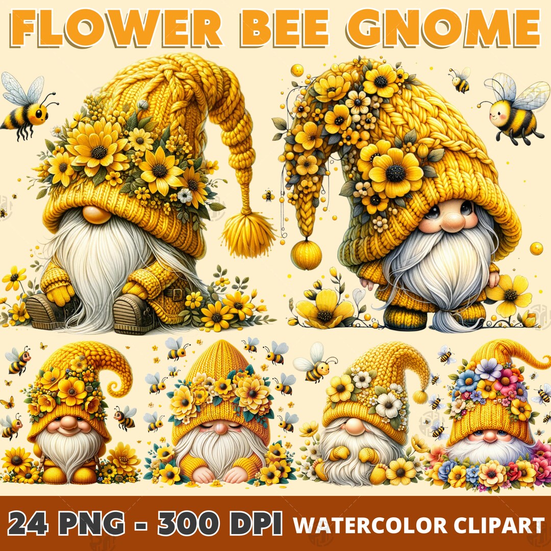 Watercolor Flower Bee Gnome PNG, Cute Floral Bee Gnomes Clipart, Honey ...