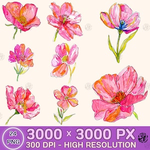 Watercolor Vibrant Pink Flower PNG, Blooming Floral Clip Art, Botanical ...
